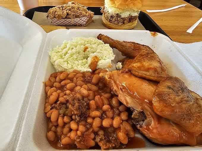 Half a chicken, baked beans, and slaw &mdash; the Yard Bird plate is a full-on commitment to eating well.