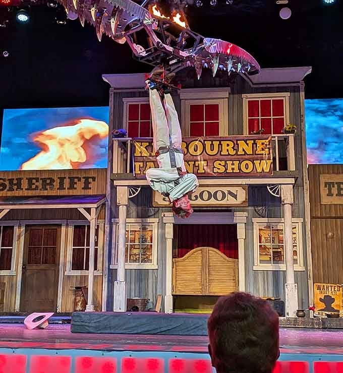 Hanging upside down over a Wild West saloon set. Just a normal Tuesday in Wisconsin Dells.