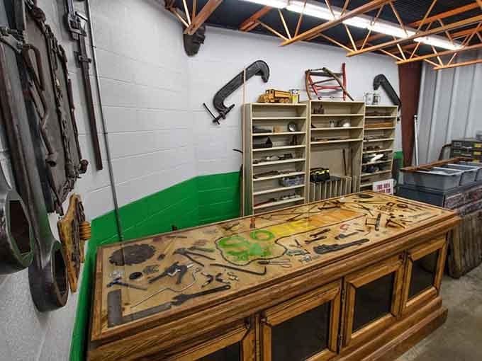 Vintage tools displayed like museum pieces, because sometimes a well-worn wrench tells better stories than most people.