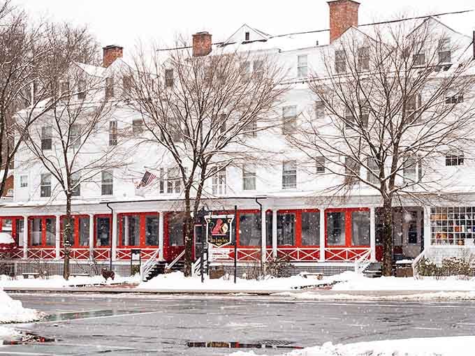 The Red Lion Inn wears its winter coat beautifully, looking cozy enough to make you crave hot cocoa.