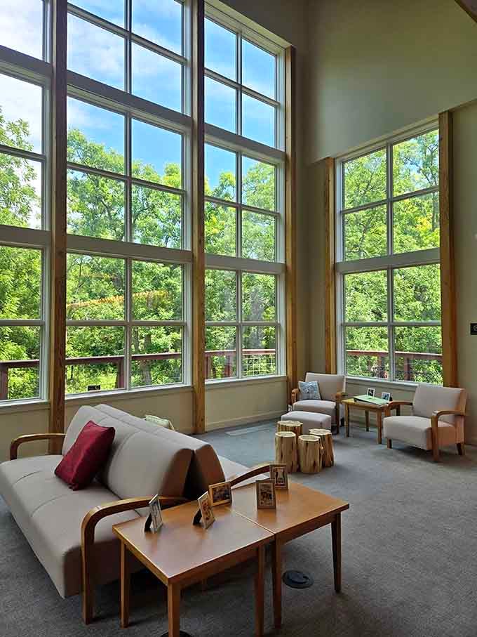 Floor-to-ceiling windows frame the Wisconsin woods like nature's own version of a standing ovation.