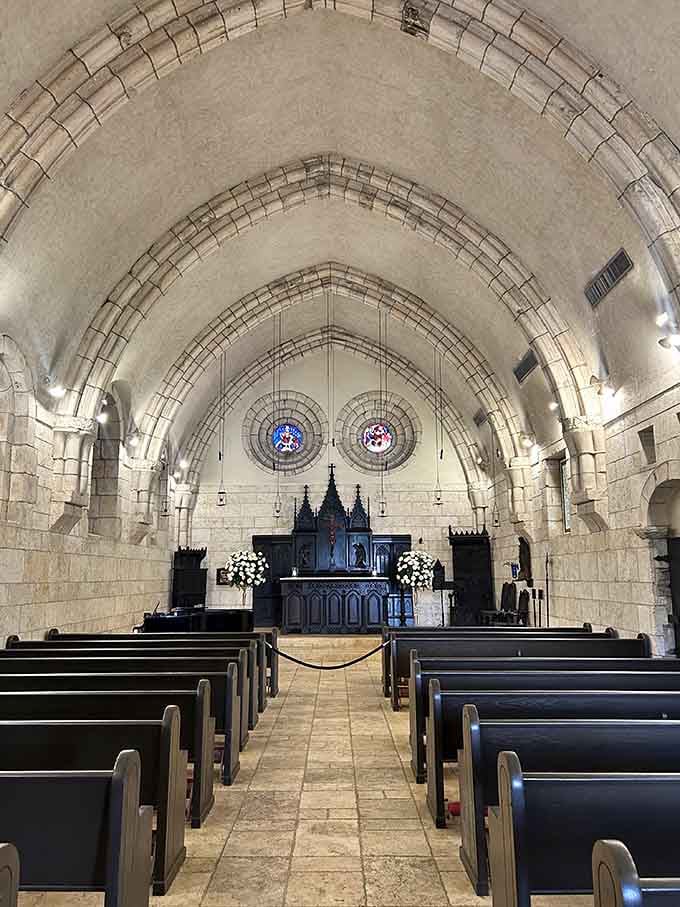 The vaulted stone ceiling of this chapel makes every other room you've ever sat in feel ordinary.