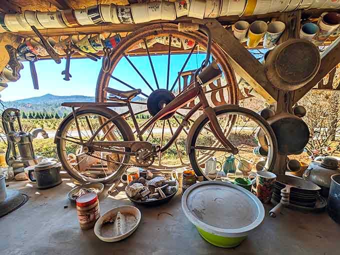 Somewhere between a folk art gallery and a yard sale, this vintage bike found its perfect home.