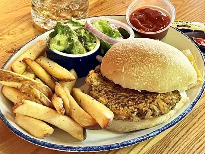 That golden-crusted garden burger with hand-cut fries proves vegetarians never have to settle for boring.