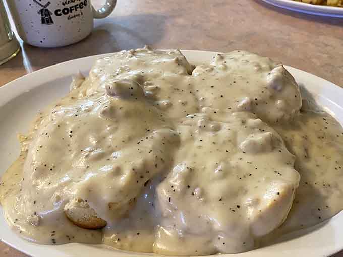 Biscuits and gravy so generous they practically spill off the plate in creamy, peppery waves of joy.