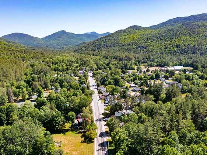 Keene sits tucked between peaks like a postcard that forgot it was supposed to stay flat.