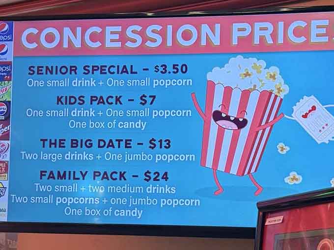 Concession bundles with names like "The Big Date" and "Family Pack" tell you exactly what kind of place this is.