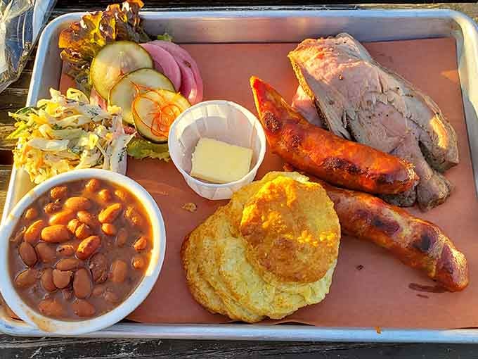Tri-tip, sausage, and beans that didn't come from a can, served on a tray that means serious business.