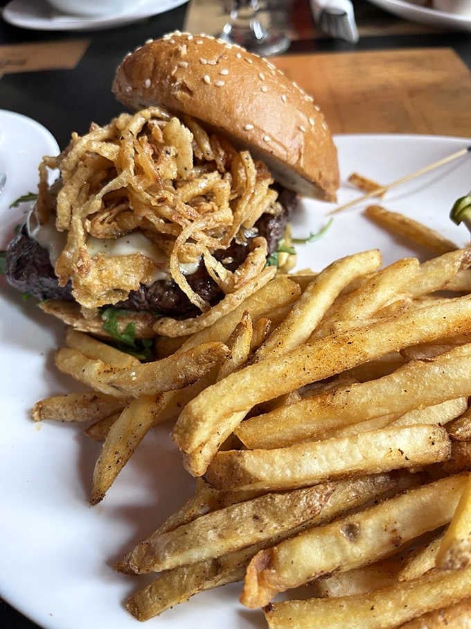 Crispy onion straws piled high on a juicy patty. The Texas Onion Straw burger is pure comfort food.