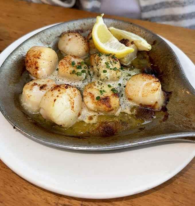 These scallops are so perfectly seared they practically glow, swimming in butter like they're living their best life.