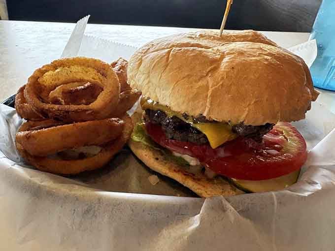 That cheeseburger with onion rings is the kind of meal that makes you want to pull over and stay awhile.