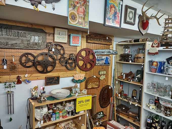 Old film reels, vintage signs, and curious knick-knacks. Someone's attic clearly had excellent taste and zero boundaries.