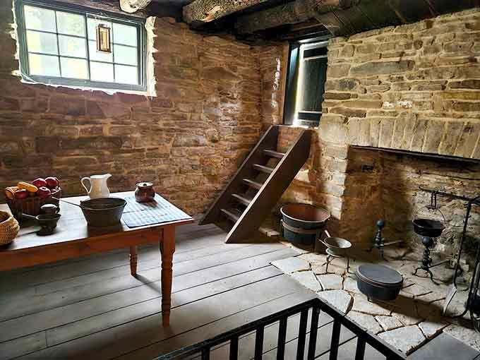 Rough-hewn beams, a stone hearth, cast iron pots, and a wooden table that practically whispers, "Dinner took real effort here."