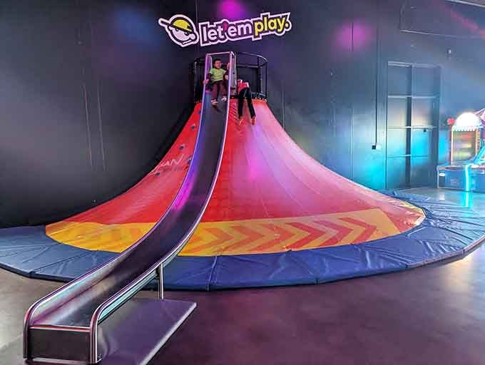 That volcano slide isn't messing around. One ride down and you'll be climbing back up immediately.