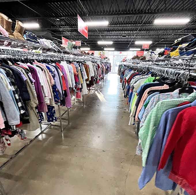 Clothing racks stretching into infinity, offering more wardrobe options than your closet has any right to hold.