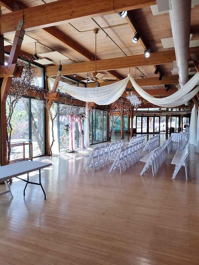 Exposed timber beams and floor-to-ceiling windows make this event space feel like nature itself crashed a very elegant party.