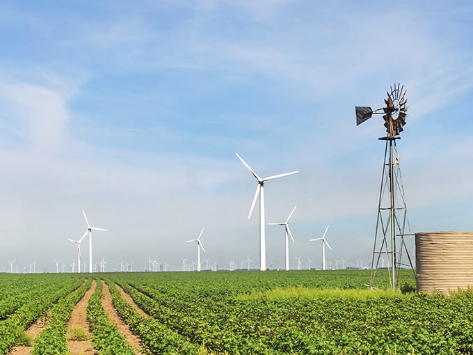 Wind turbines dance across farmland like modern sculptures, proving Texas energy comes in many delicious and renewable forms.