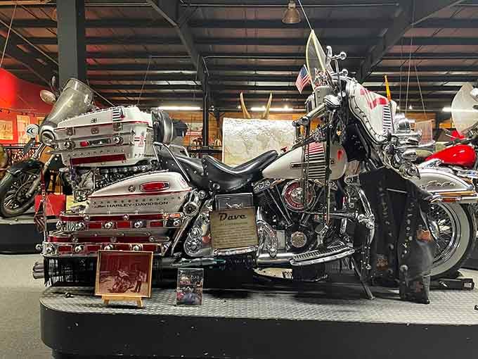 Draped in chrome, flags, and personal touches, this heavily customized Harley called "Dave" is a rolling tribute to one man's passion.