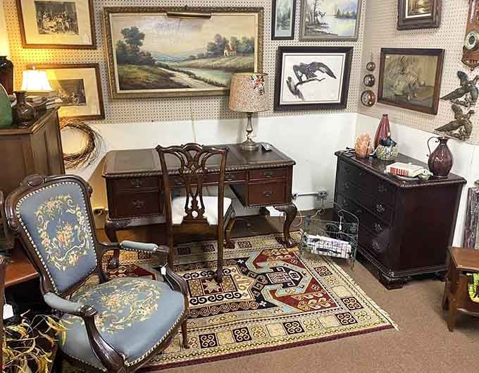 A needlepoint armchair, a carved writing desk, and landscape paintings, your home office has never felt so inadequate.