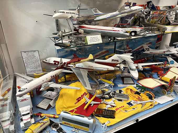 Model aircraft from TWA to DHL fill this display, proving toy planes never go out of style.