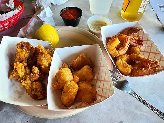 Three little baskets of joy, fried oysters, scallops, and shrimp sitting together like the world's best seafood reunion.
