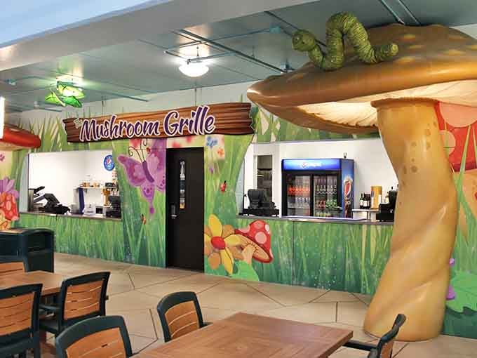 The Mushroom Grille is proof that even the snack bar deserves a whimsical makeover, complete with a caterpillar on the roof.