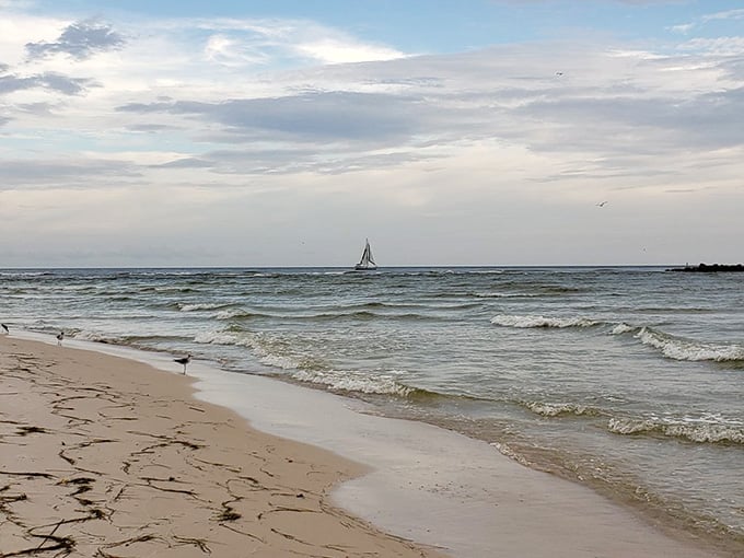 A lone sailboat glides past while gentle waves write temporary poetry in the sand, then erase it again.