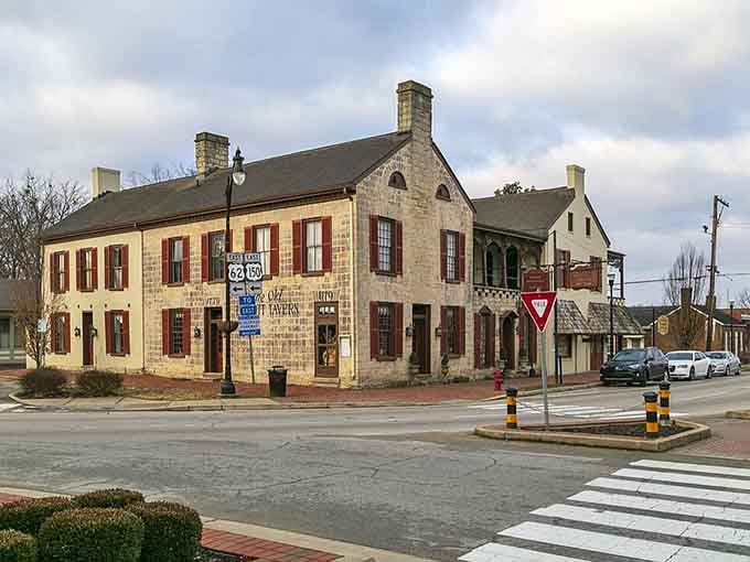 This stone tavern building in Bardstown looks like it's been quietly holding Kentucky's secrets since the frontier days.