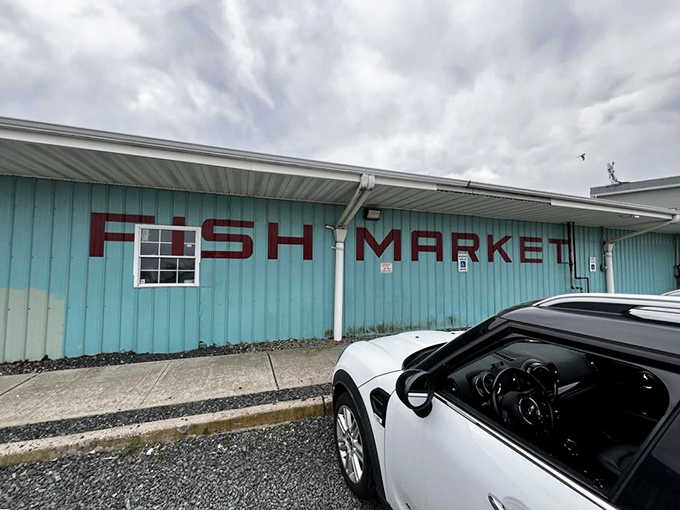 Two words painted in bold dark red on a teal wall say everything a serious seafood lover needs to hear.
