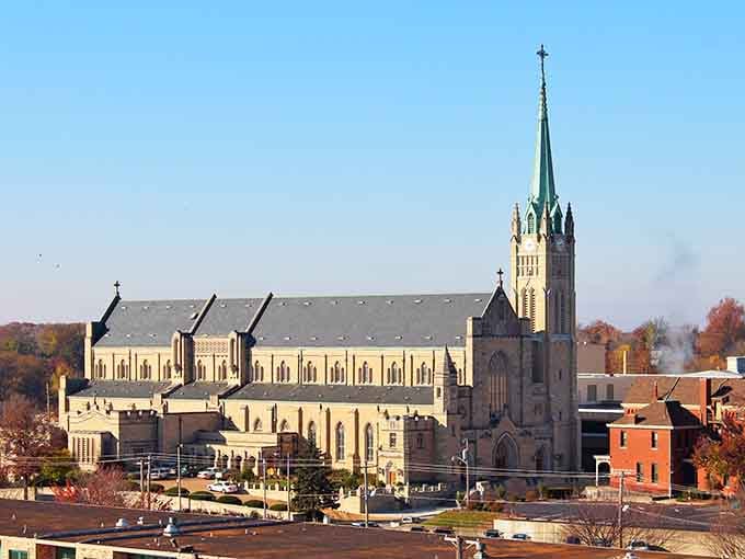 Belleville's magnificent cathedral pierces a crisp autumn sky, standing as a breathtaking reminder that grandeur doesn't require a big-city address.