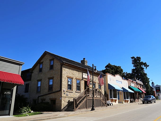 Stone buildings and American flags create a scene Norman Rockwell would've loved to paint.
