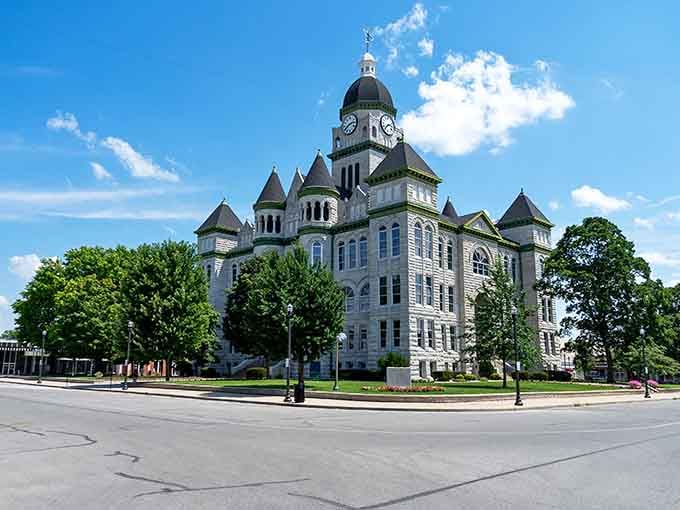 Carthage's Jasper County Courthouse rises against a brilliant blue sky like a stone crown sitting perfectly on top of a proud little city.