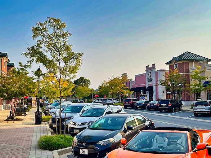 Tree-lined shopping areas blend modern convenience with old-fashioned charm in bustling Cockeysville's commercial district.