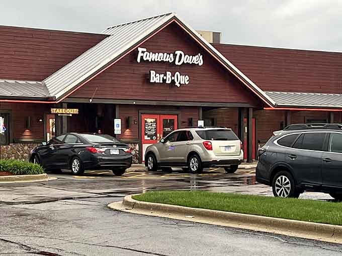 Famous Dave's rustic cabin-style architecture whispers of smokehouses and secret recipes passed down through generations of pit masters.
