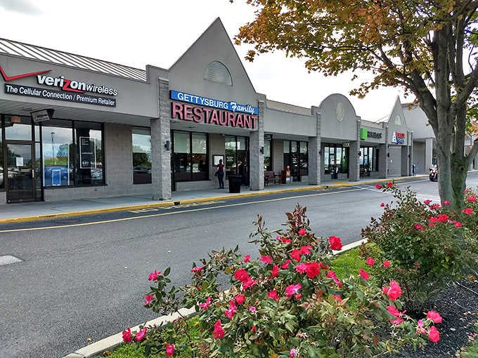 Pink roses blooming out front of the Gettysburg Family Restaurant feel like a welcome mat nature planted itself.
