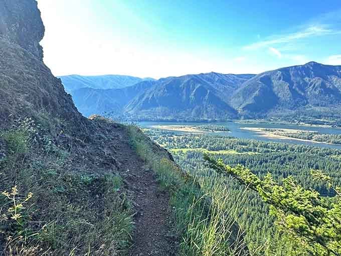 That narrow ridge trail with the Columbia River sprawling gloriously below is the kind of view that earns every uphill step.