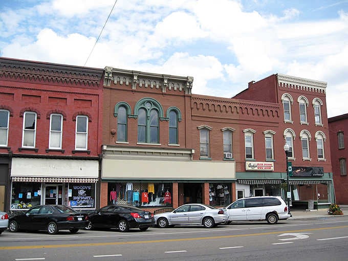 Hornell City Hall anchors this colorful downtown block like the reliable friend who always shows up on time.