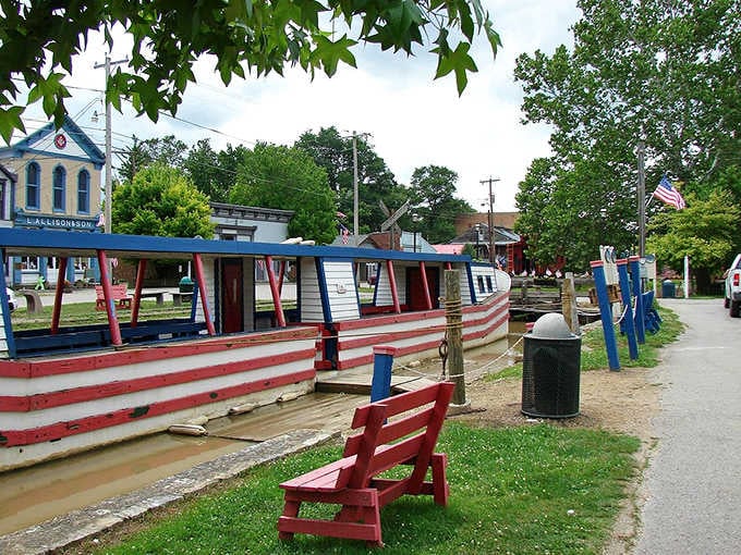 Red, white, and blue never looked so cheerful as on Metamora's historic canal boat, floating through living history.
