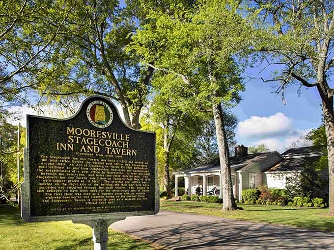 That historical marker outside the Mooresville Stagecoach Inn and Tavern tells a story worth slowing down to actually read.