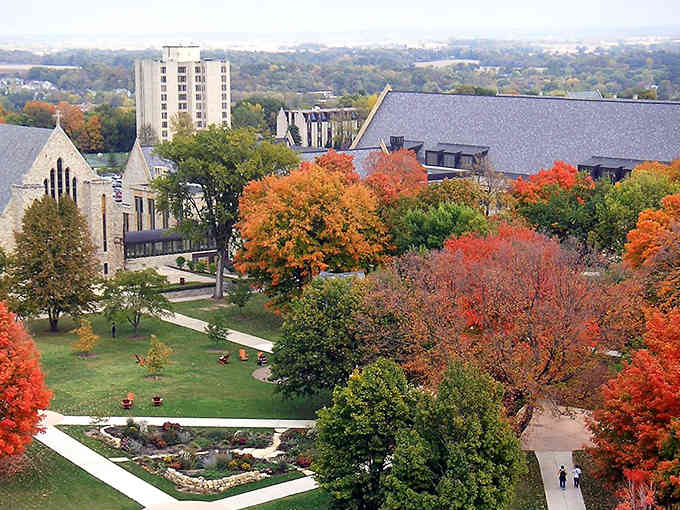 Fall foliage explodes across campus like nature decided to show off for the semester's final exam.