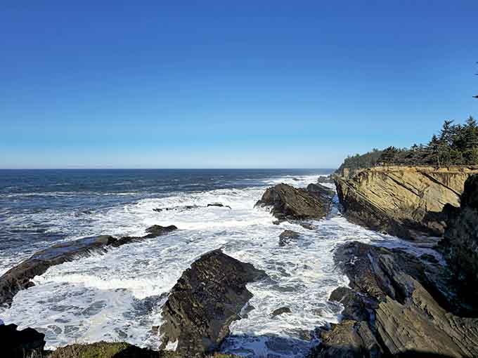 Waves crash against ancient sandstone cliffs with the kind of power that makes you grateful for sturdy observation buildings.