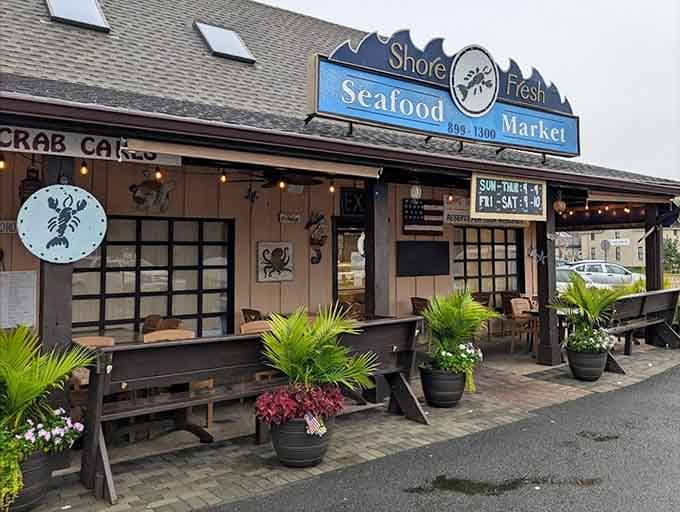 Warm string lights, potted palms, and a "Crab Cakes" sign greeting you at the door &mdash; Shore Fresh means business, beautifully.
