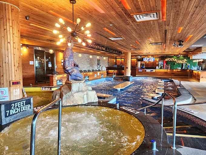 Warm bubbling pools, warm wood ceilings, and a gator sculpture greet you at Spa Castle, where relaxation means serious business.