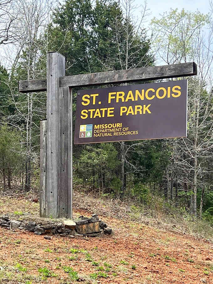 That bold wooden sign standing proud says it all: adventure is waiting just beyond these Ozark trees.