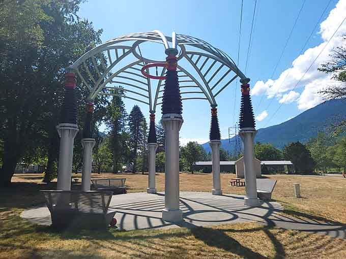Standing beneath this soaring canopy of stacked electrical insulators with Cascade peaks behind it feels like stumbling onto a very stylish alien landing pad.