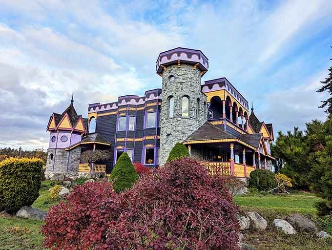 Purple trim and stone turrets make this Victorian beauty look like it escaped from a storybook illustration.