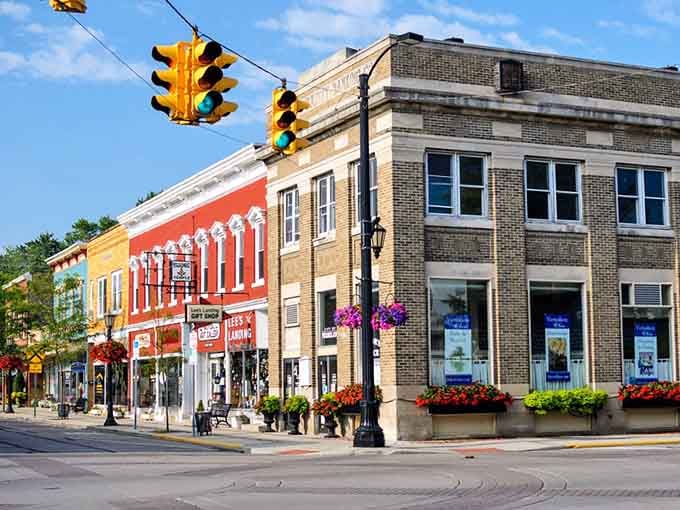 Flower baskets and vintage lampposts dress up a downtown that clearly takes pride in its welcoming appearance.