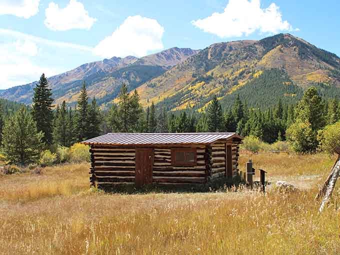 A sturdy log cabin stands alone in Vicksburg's golden meadow, the mountain behind it dressed in its finest fall foliage.