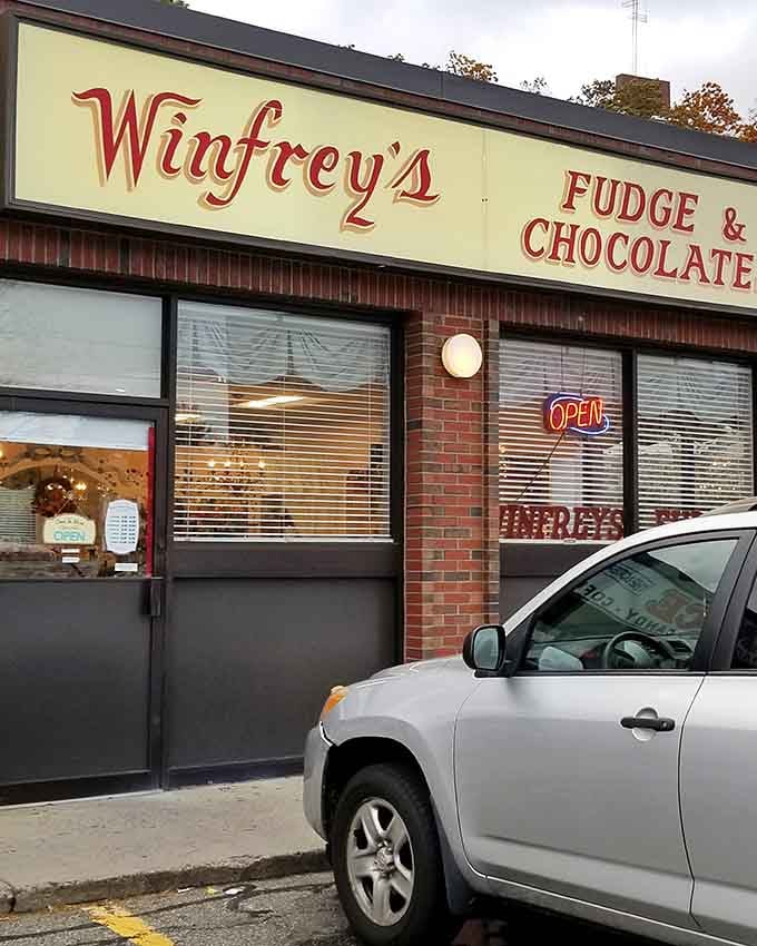 That glowing neon "Open" sign at Winfrey's is basically the most beautiful two-syllable word a fudge lover can see.