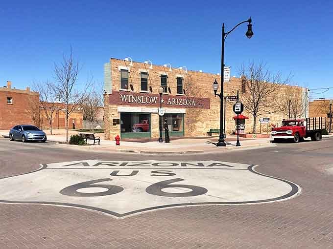 Standing on that Route 66 logo in Winslow feels like the opening scene of a great road movie.